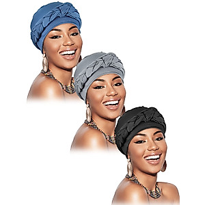 3 Pieces Head Wrap Turban Headwear Pre-Tied Twisted Braid Hair Cover Headwrap Hats for Women Girls (Black, Gray, Light Blue, Popular Style)