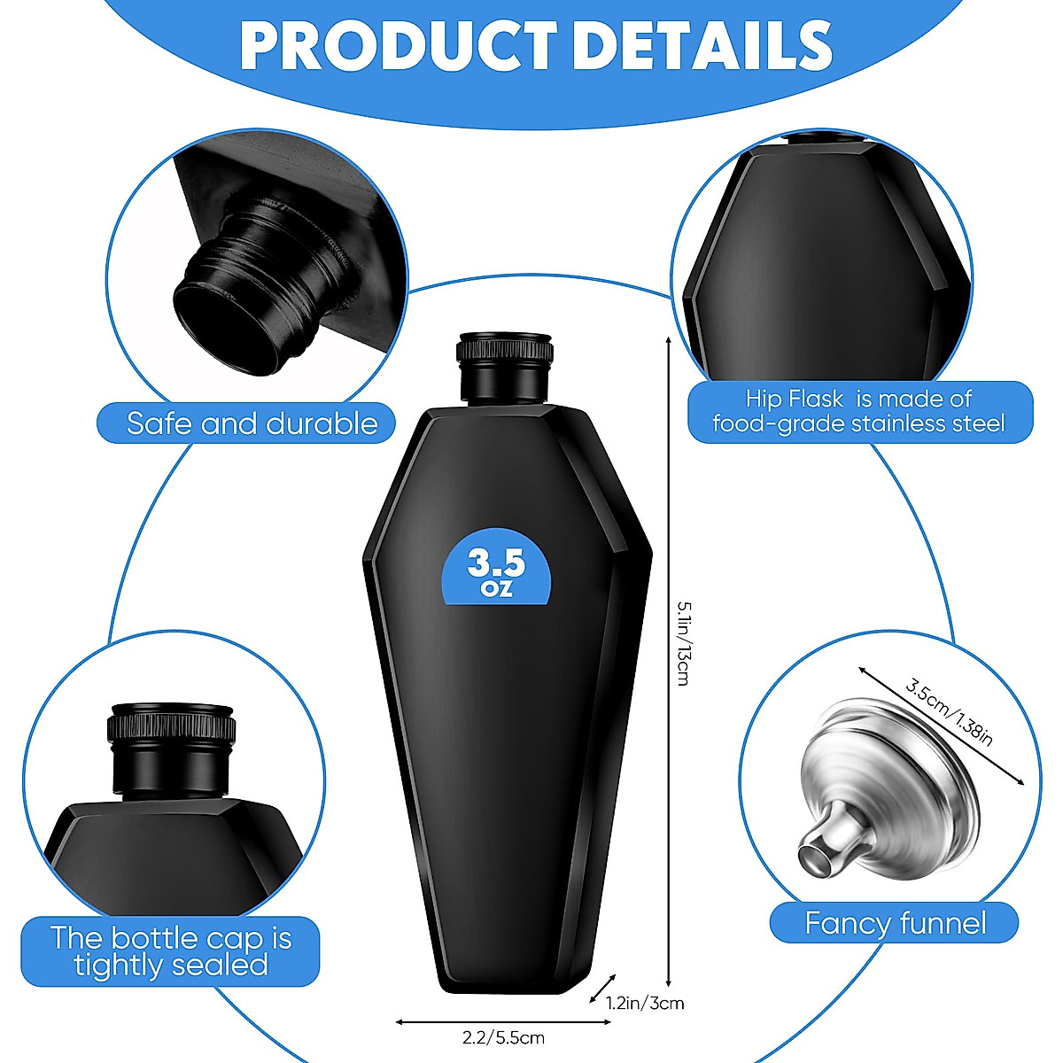 Lounsweer 3 Pieces Flask Set 3.5 oz Coffin Flasks with Funnel 304 Stainless Steel Bottle Creative 100 ml Thicken for Men Women Adult Friends Gifts(Black)