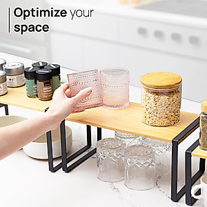 Ibyx Premium Kitchen Cabinet Organizer Shelf - Set of 3 Kitchen Counter Shelves - Stackable Shelf Racks for Cabinets - Metal Frame & Engineered Wood (Natural Wood, Black Frame)