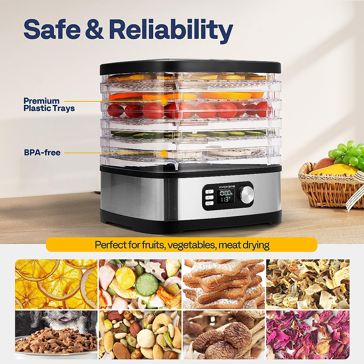 VIVOHOME Food Dehydrator Machine, Dehydrator for Food and Jerky, Fruits, Meat, 5 Trays Electric Dryer Dehydrator with 72H Digital Timer and Temperature Control for Veggies, Herbs, Mushroom, Dog Treats