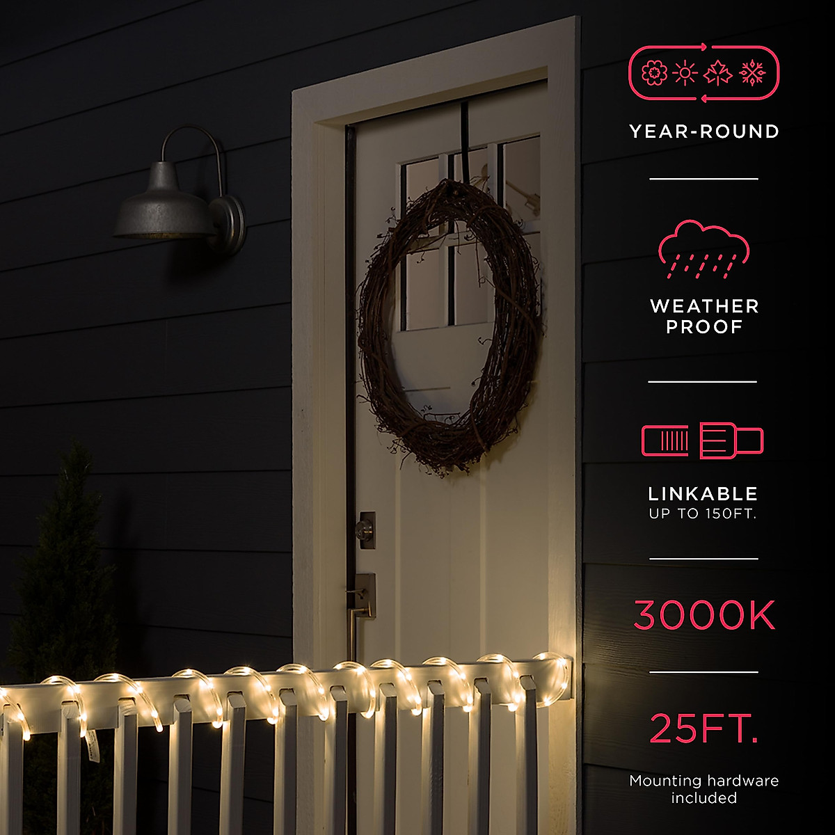 UltraPro LED Rope Lights, 25ft Classic Clear Rope, Warm White Light 3000K, Indoor/Outdoor, Flexible, Linkable, Durable, Rope Lights Outdoor, 54504