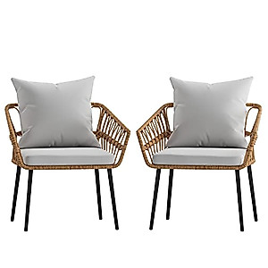 Flash Furniture Evin Set of 2 Boho Indoor/Outdoor Patio Chairs - Natural Finish Faux Rattan Wicker - Gray All-Weather Cushions - Integrated Armrests
