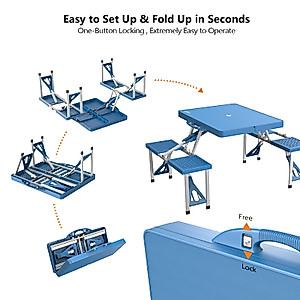 VINGLI 4 Ft Camping Picnic Table Set with 4 Seats with Umbrella Hole Folding Lightweight Suitcase Card Table-220 Lbs Support Aluminum Frame, Plastic RV Tabletop for Barbecue,Travel,Outing,Gathering
