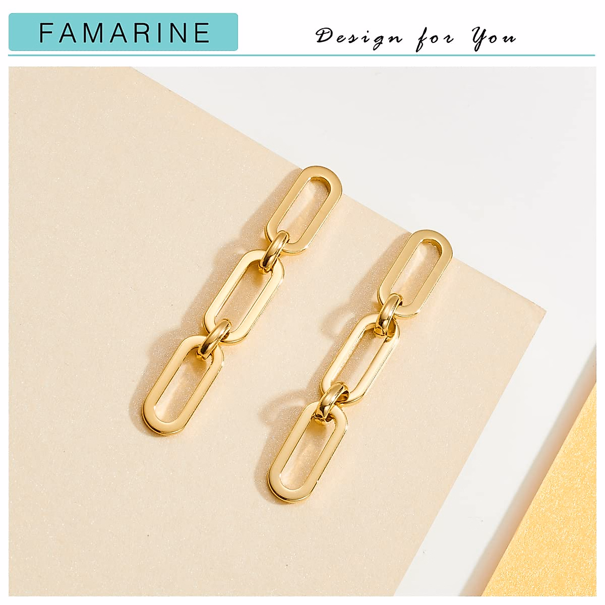 FAMARINE Gold Chain Drop Earrings for Women, 14K Real Gold Plated, 52mm Length, 7.5mm Width, Lightweight and Durable