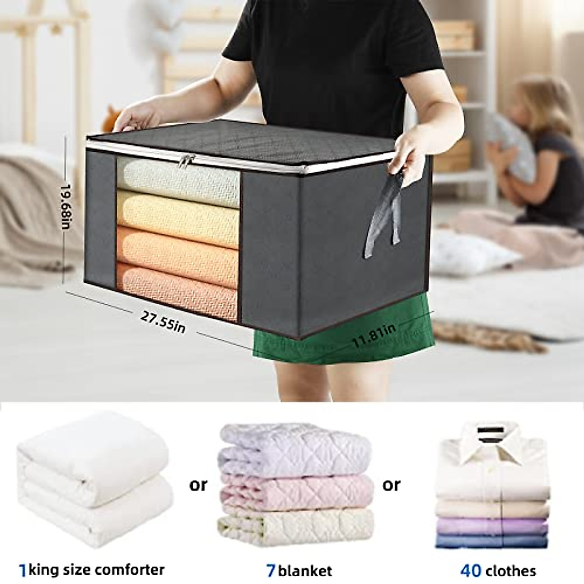 Rumia 3 Packs Clothes Storage with Reinforced Handle,27.55x11.81x19.68 IN Foldable Closet Organizers and Storage for Bedroom,Durable Clothing,Comforters,Bedding,Toys,Blankets Storage Bags 105L（Extra-large)）