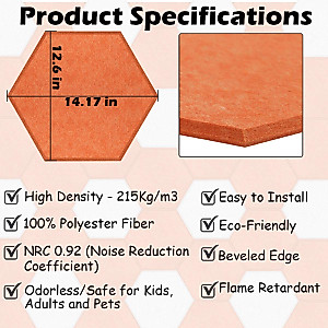 ZHERMAO 6 Pack Acoustic Panels Sound Proof Padding,14 X 13 X 0.4 Inches Sound Dampening Panels Bevled Edge Sound Panels, Used in Wall Decoration and Acoustic Treatment（Hexagon) (Pink)