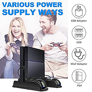 PS4 Stand Cooling Fan Station for Playstation 4/PS4 Slim/PS4 Pro, PS4 Vertical Stand with Dual Controller Port Charger Dock Station, 12 Game Slots, USB Fast Charging Station with LED Indicator