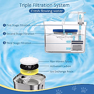 MISFANS Pet Water Fountain Stainless Steel,74oz/2.2L Automatic Water Dispenser with Water Level, Replacement Filter Kit and Silicone Mat Suitable for Cat, Dogs