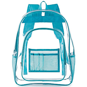 Clear Backpack Heavy Duty with Reinforced Straps, Side Pockets for Kids, Boys, Girls, School - Turquoise,Teal