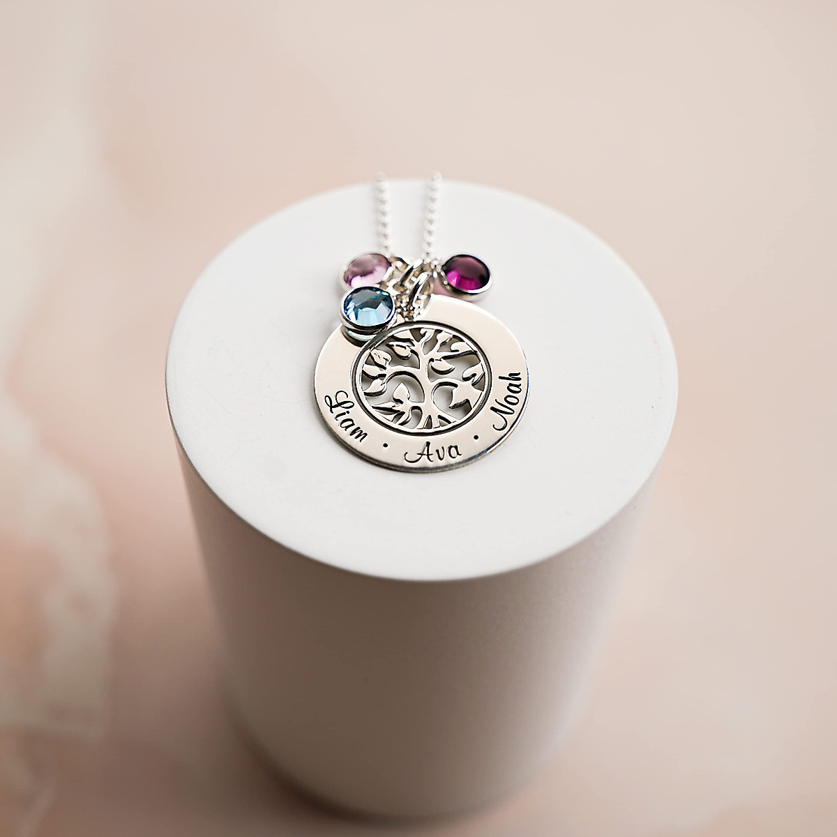 AJ's Collection My Tree of Life Washer with up to Four Selected Swarovski Birthstone. Customizable with names and words of your choice