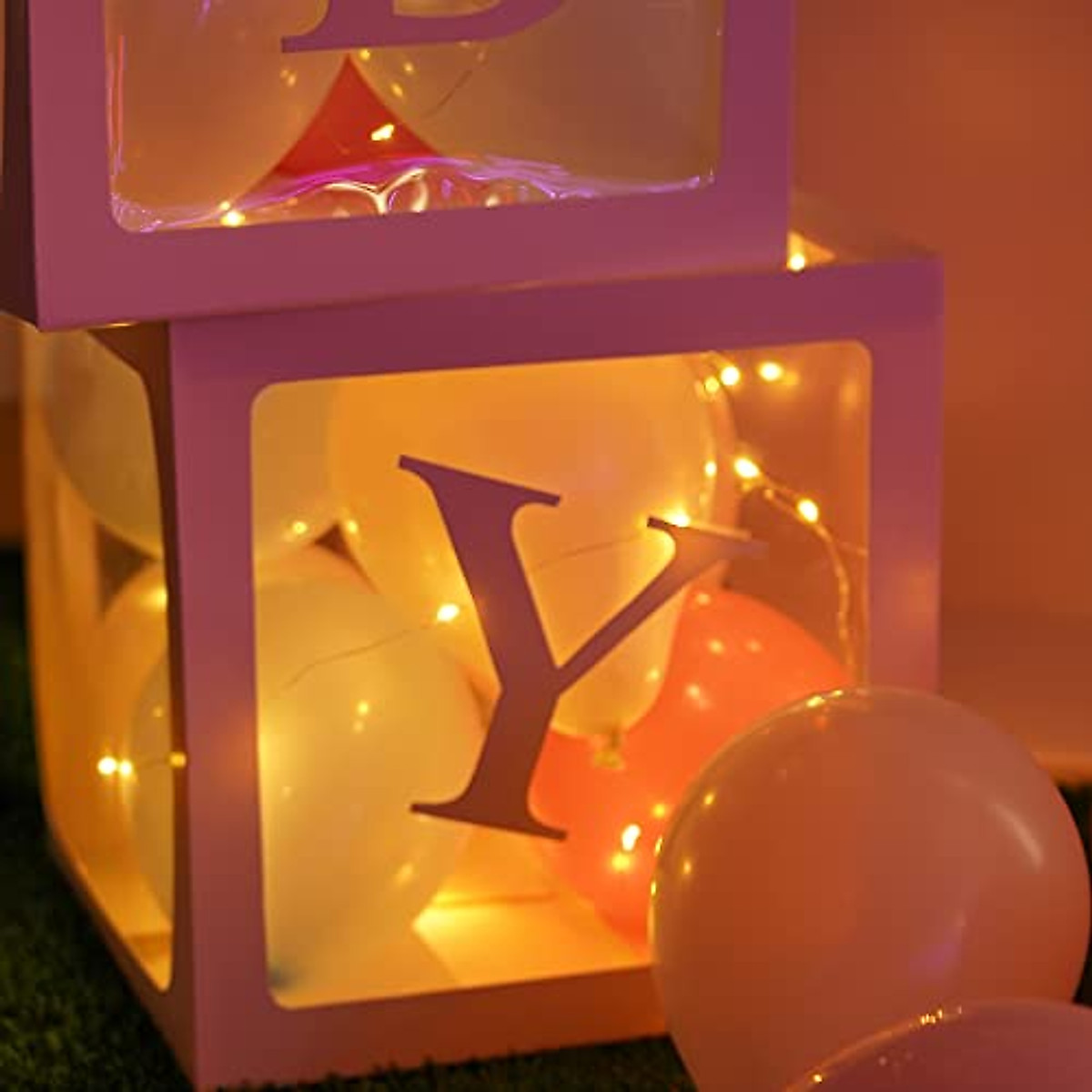 Uptotop 4 Pcs Baby Boxes with 30 Letters and 36 Balloons and 4 fairy string lights, for Baby Shower Gender Reveal Girl Boy Blocks Birthday Party Balloon Box Decorations(A-Z + BABY) 