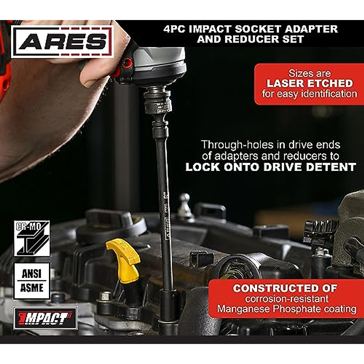 ARES 27070-4-Piece Impact Socket Adapter and Reducer Set - 1/4-Inch, 3/8-Inch & 1/2-Inch Impact Rated Step-Up and Step-Down Adapters with Included Storage Case