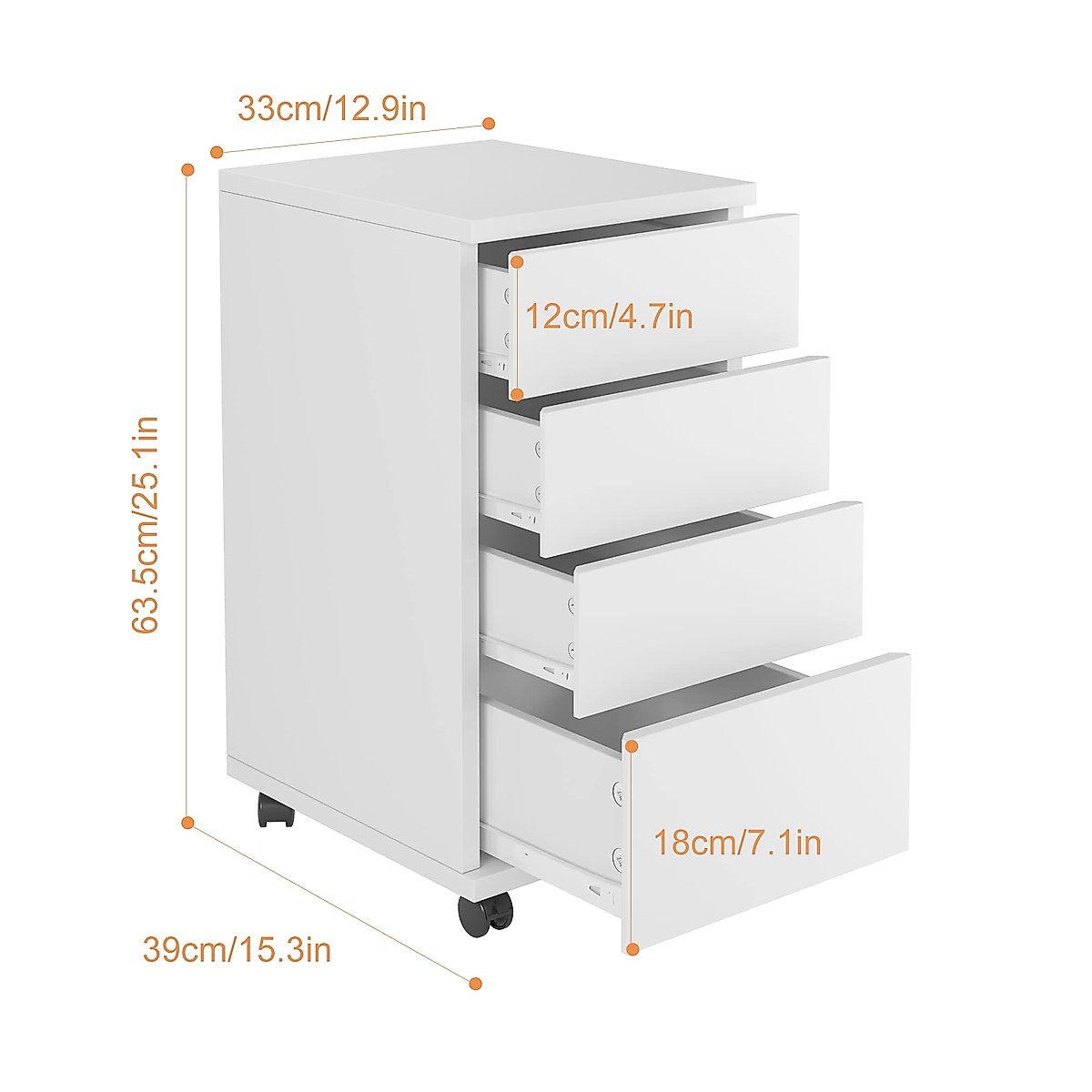 TTVIEW File Cabinet, Mobile Filing Cabinet with Wheels, 4-Drawer Rolling Pedestal Under Desk for A4, Letter Size, File Folders White 12.9x15.3X 25 in