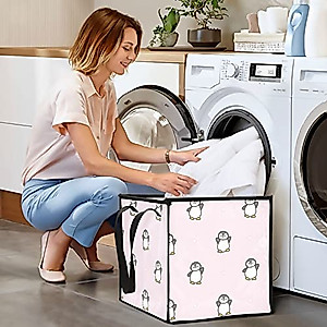 KEEPREAL Pink Background Penguin Cube Storage Bin with Handles, Large Collapsible Organizer Storage Basket for Home Decorative(1Pack,13 x 13 x 13 in)