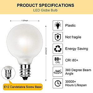 G40 Led Frosted White Replacement Light Bulbs, E12 Led Candelabra Globe Light Bulbs, 1.5 Inch Frosted String Lights Bulbs for Indoor Outdoor, 0.6 Watt E12/C7 Base Chandelier Light Bulbs-25 Pack