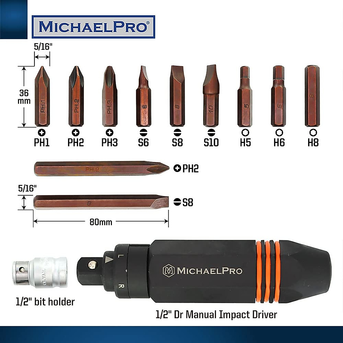 MichaelPro 1/2 Inch Drive Manual Impact Driver Set, Includes 11 Bits and 1/2" Bit Holder, 6-sided Enhanced Non-Slip Grip, Heavy Duty