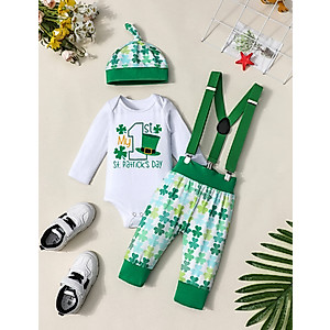 AGAPENG St Patricks Day Baby Boy Outfit Baby St Patricks Day Outfit Boy 0-3 Months My First St Patricks Day Baby Boy Outfit Long Sleeve Romper Shamrocks Suspenders Pants Hat