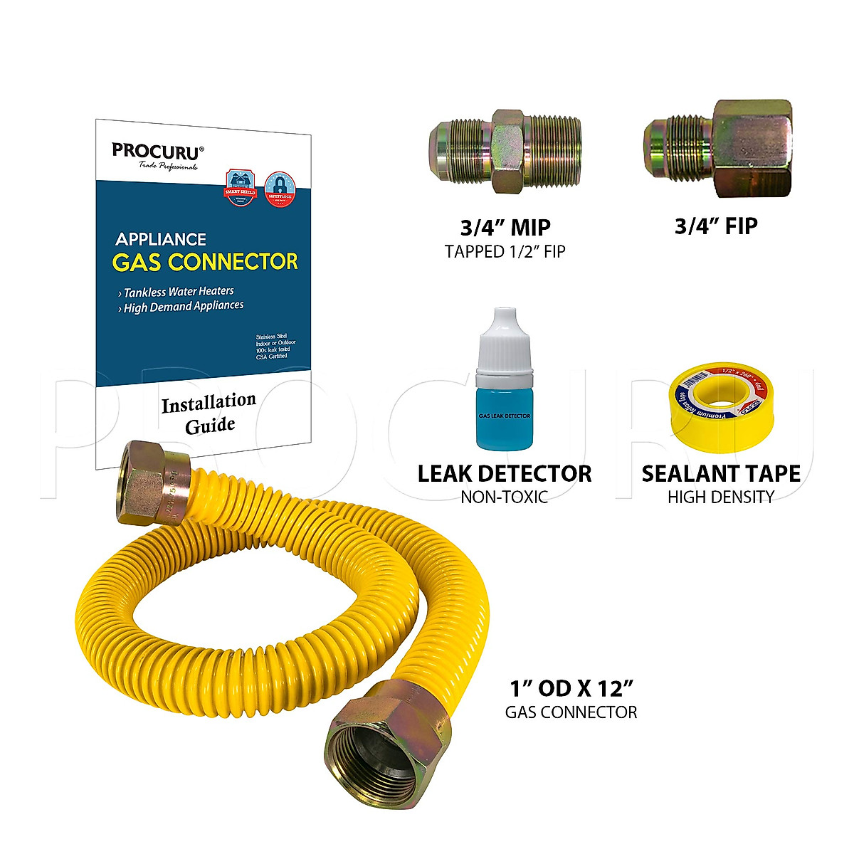 PROCURU 1" OD x 12" (1Ft) x 3/4"MIP x 3/4"FIP Universal Gas Flex Connector Kit, With or Without Service Valves, WP MaxFlow High Capacity Stainless Steel Tubing for Tankless Water Heaters (Blue Series)