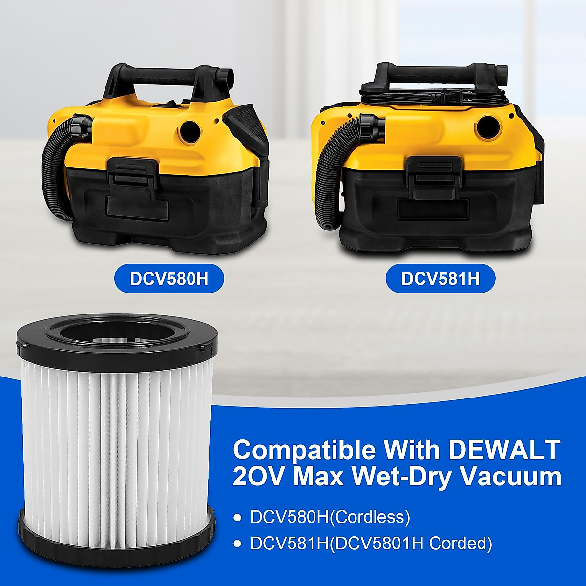 DCV581H Vacuum Filters for Dewalt DCV580H DCV581H DCV5801H 20V Vacuum, Washable Reusable High Efficiency Replacement Filter 4 Pack