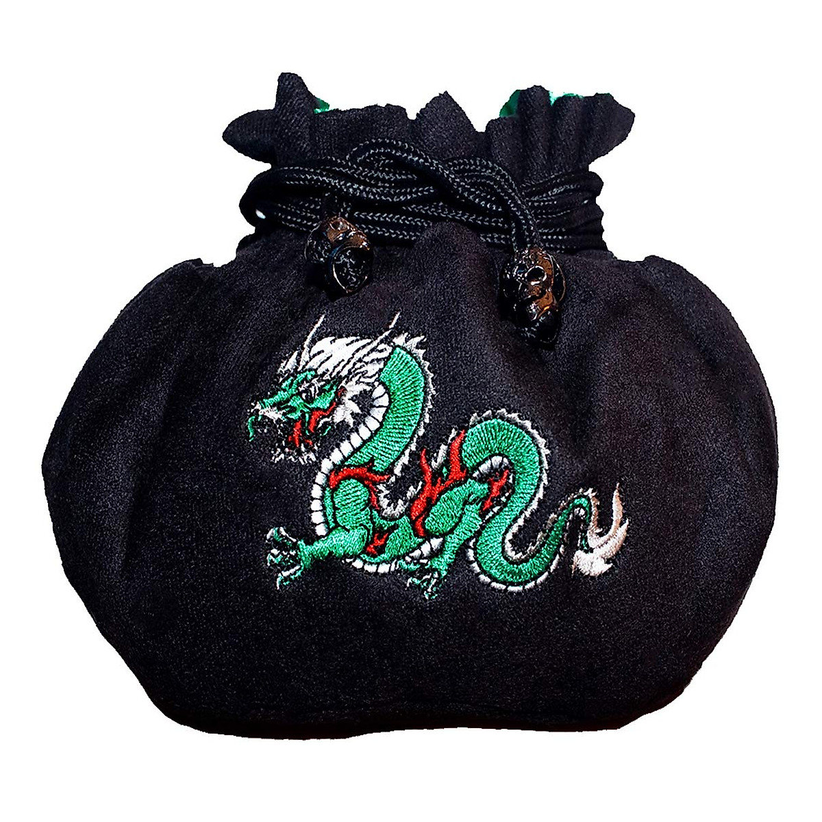 Large Dice Bag with Pockets – Embroidered Green Dragon DND Dice Bag | Green Satin Interior Lining | Man-Handles 150+ Dice
