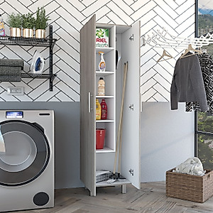 FM FURNITURE Norway Broom Closet Pantry with 5 Shelves and Double Doors, Light Gray/White