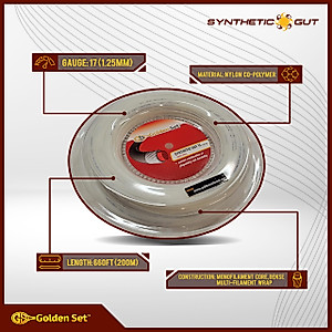 Golden Set Synthetic Gut 17g (1.30mm), Reel (660ft/200m), Tennis String (White)