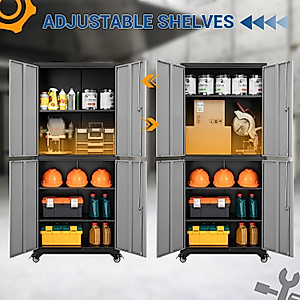 Fesbos Metal Storage Cabinet-Heavy Duty Tool Cabinet Multifunctional Garage Storage Cabinet with Adjustable Shelves&Lockable Doors, Pegboard and Accessories-Black&Gray