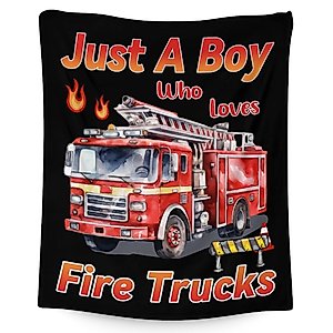 Fire Truck Throw Blanket - 50x40 Inches Small Blanket for Kids, Boys - Soft Plush Blankets for Bed, Couch, Sofa - Black Cute Fuzzy Throws Gifts