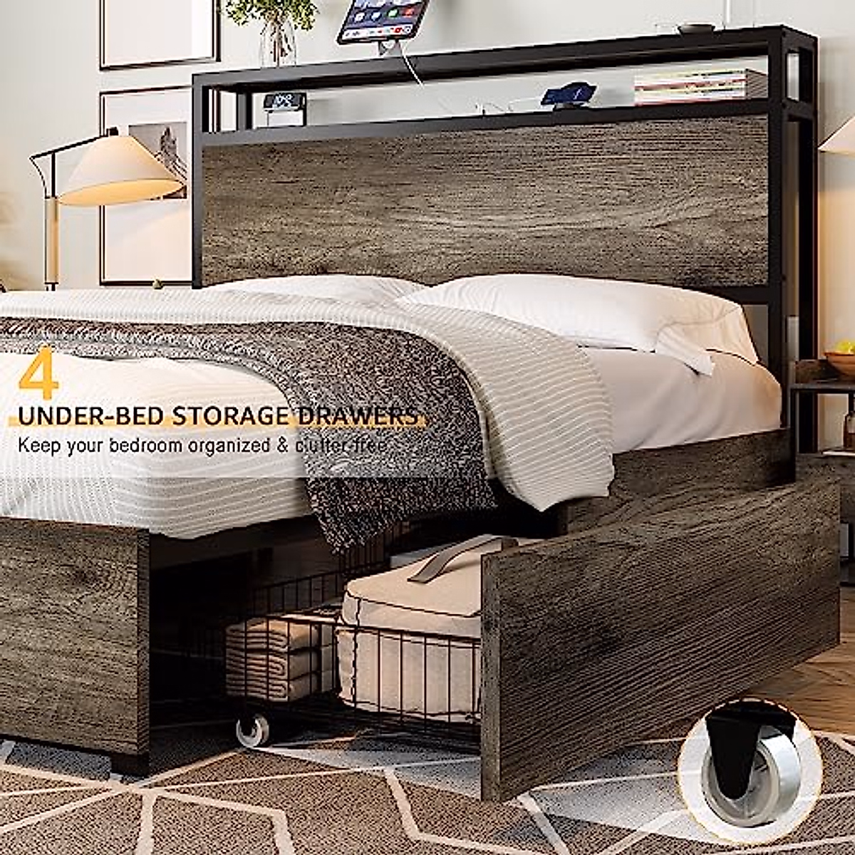 LUXOAK King Size Bed Frame with 4 Storage Drawers, Wooden Platform Bed with 2-Tier Storage Headboard and Charging Station, No Box Spring Needed/Noise Free/Rustic Grey