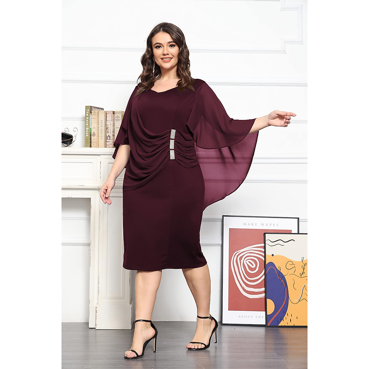 KIMCURVY Women's Cape Chiffon Church Dresses Knee Length Evening Burgundy Pencil Dress L