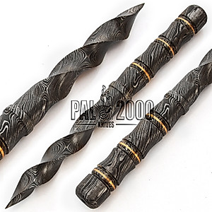 PAL 2000 KNIVES DAG-9815 Custom Handmade Damascus Steel Fixed Blade Hunting Tri Edge Spiral Kris Dagger Knife Cyclone Tri Blades knife with Sheath 10 Inch Full Tang