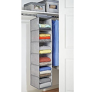 mDesign Long Soft Fabric Over Closet Rod Hanging Storage Organizer with 6 Shelves for Clothes, Leggings, Lingerie, T Shirts - Textured Print with Solid Trim - 2 Pack - Gray