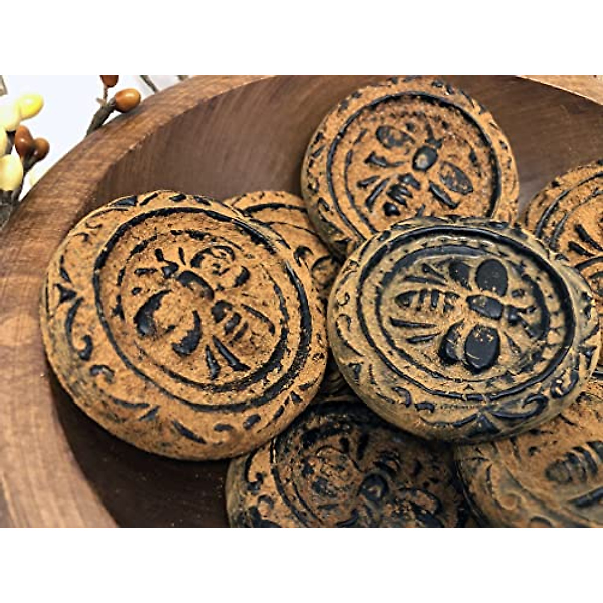 Blackened Beeswax Honey Bee Rounds Cinnamon Scented with Cinnamon Powder Rub - American Folk Art Primitive Melts Tarts Bowl Fillers