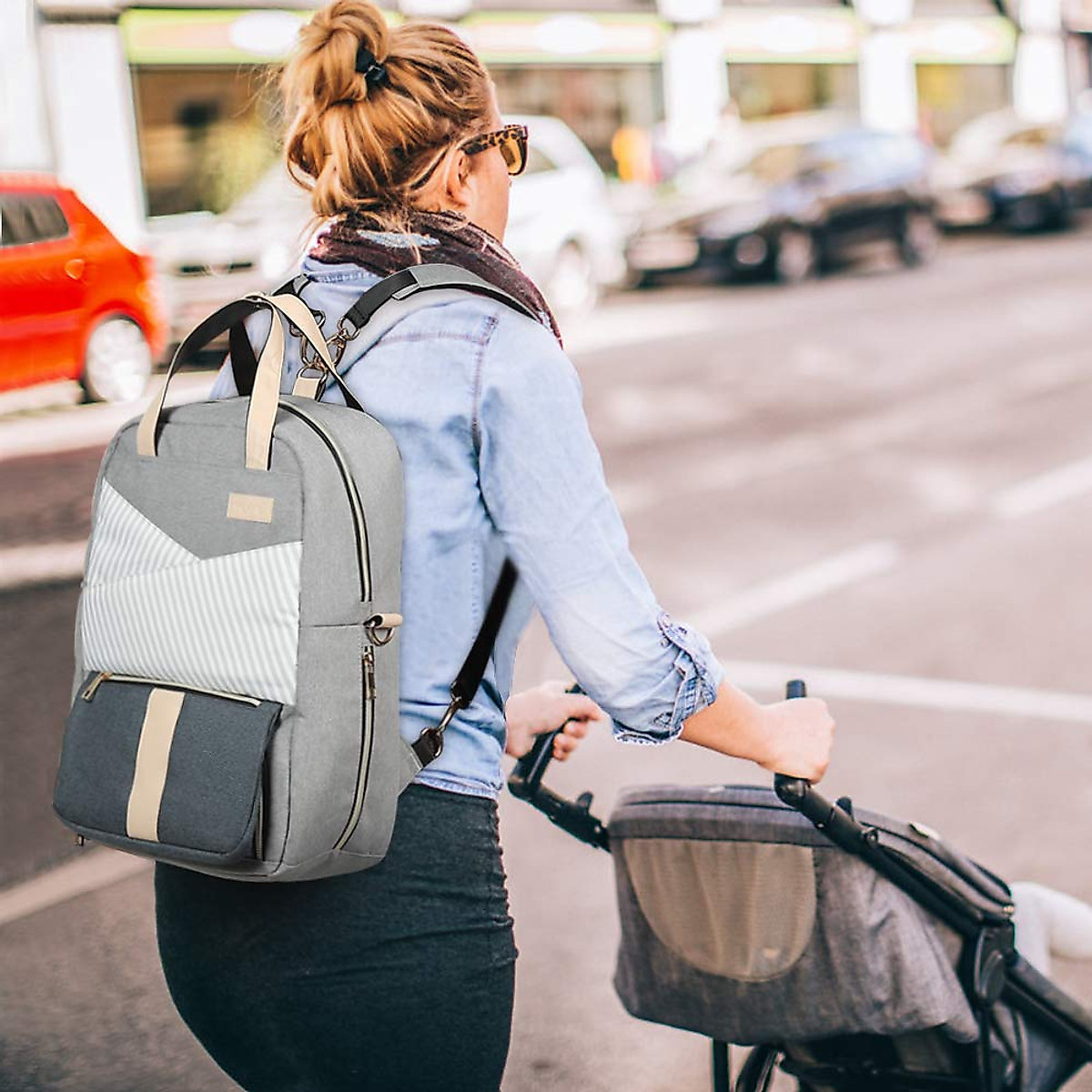 YILANE Diaper Backpack for Mom Daily Outing, Baby Bags for Mom USB Charging Port with Changeable Stroller Straps, Diaper Pad & Extra Bottle Cooler (Gray)