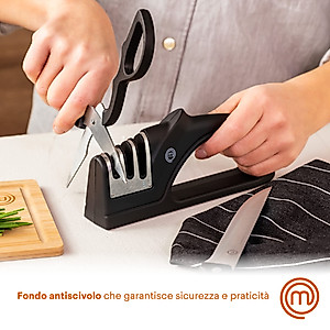 MasterChef Sharpening System (Coarse/Medium/Fine) for Steel Blade Knives & Scissors with Ergonomic Soft Touch Handle & Non Slip Base, Black
