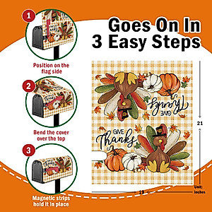 FBCOO Thanksgiving Turkey Mailbox Cover Magnetic Standard Size 20.5" x 18", Give Thanks Pumpkin Fall Decorative Post Letter Box Decor, Autumn Check Farmhouse Garden Yard Outdoor Decoration