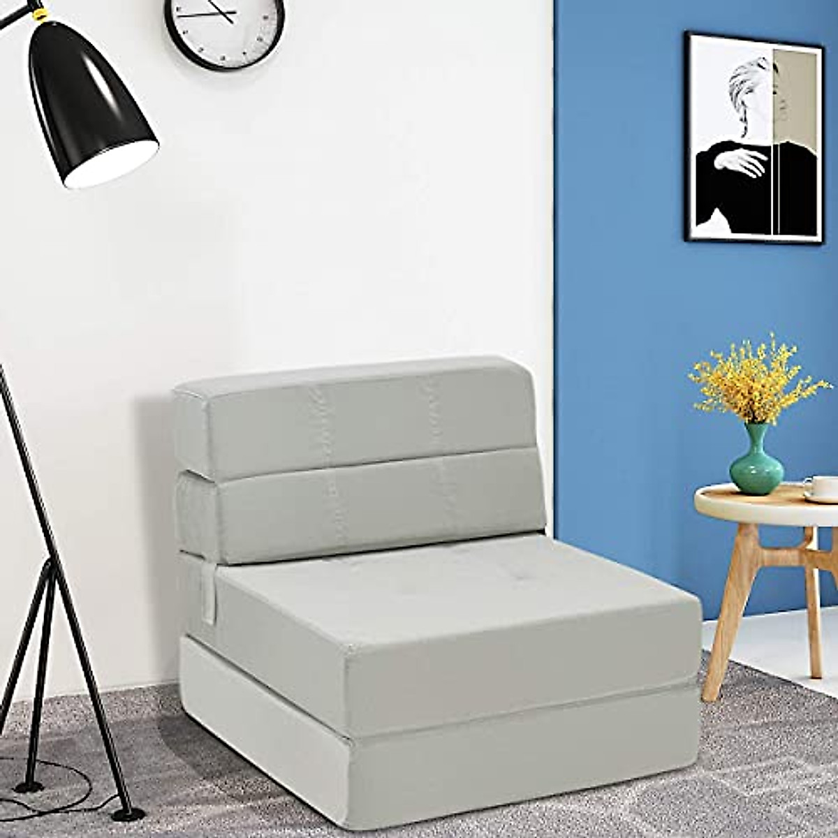 Mayjooy Tri-Fold Sofa Bed, Triple Fold Down Floor Couch w/Washable Cover & Flocking Surface, Modern Convertible Futon Sleeper Chair for Living Room/Bedroom, Upholstered Guest Chaise Lounge (Gray)