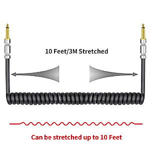 YESPURE 10 ft Guitar Cable, Black PU Spring Electric Instrument Cable,Gold Plated Straight 1/4" TS to Right Angle 1/4" TS Electric Guitar Bass Pro Audio Cable - 10 Ft