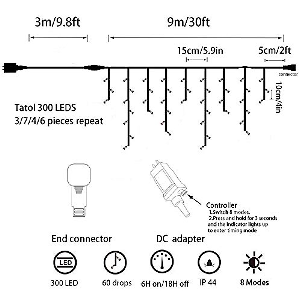 YASENN Icicle Lights 300 Led String Lights 29.5Ft Christmas Lights Connectable 8 Lighting Modes Multifunction with Timer Plug for Christmas Garden Patio Eave Roof Wall Decorations(Cool White)