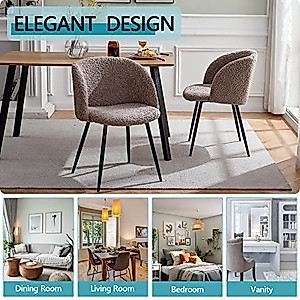 Homtique Modern Dining Chairs Set of 2, Upholstered Sherpa Accent Chair, Leisure Chair with Armrest and Black Metal Legs, Comfy Side Chair Armchair for Kitchen Dining Living Room Vanity (Light Brown)