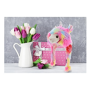 DolliBu I Love You Valentine Plush Rainbow Llamacorn Hat - Cute Stuffed Animal with Red Heart and Name Personalization Gift