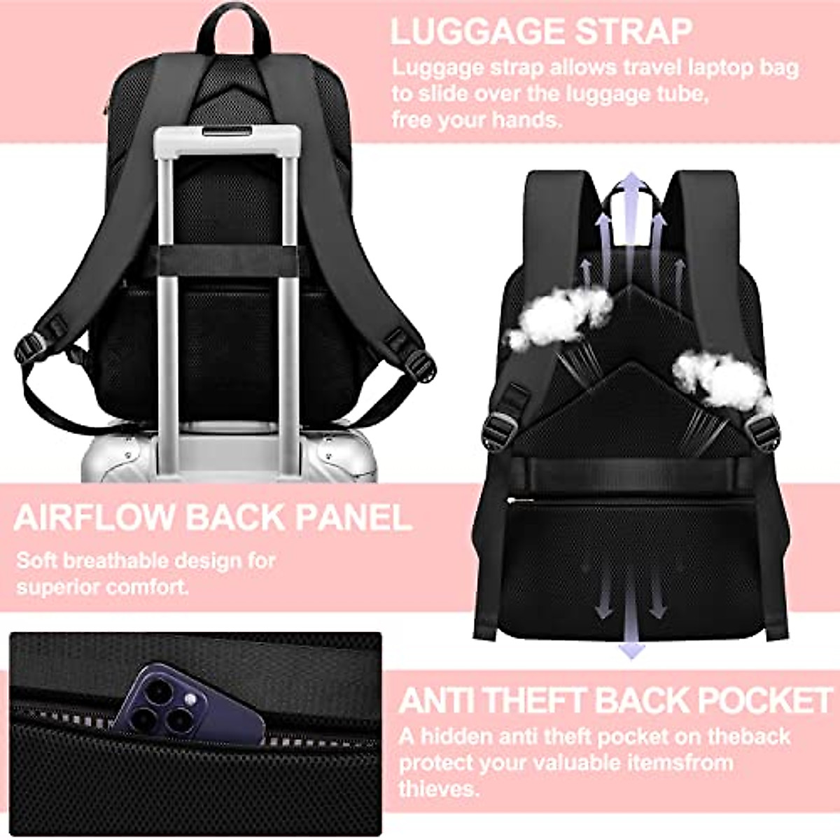 CAFELE Laptop Backpack 17.3 Inch Stylish Daypack with USB Port, Water-repellent College Bookbag,Large Bagpack for Travel/Business/Women/Quilted Black