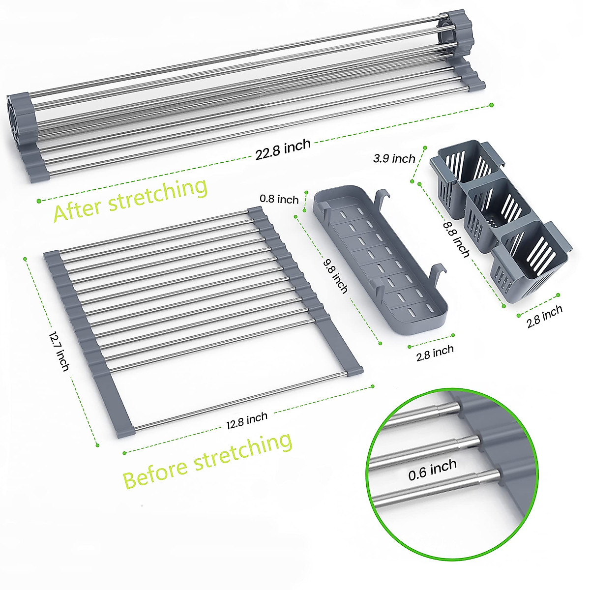 Expandable Roll Up Dish Drying Rack Up to 22.8''with 2 storage baskets,Over the Sink Kitchen Rolling Sink Rack Multipurpose Dry Rack Dish Drainer, Foldable and Rollable,for Kitchen Dishes,Cups,Fruits