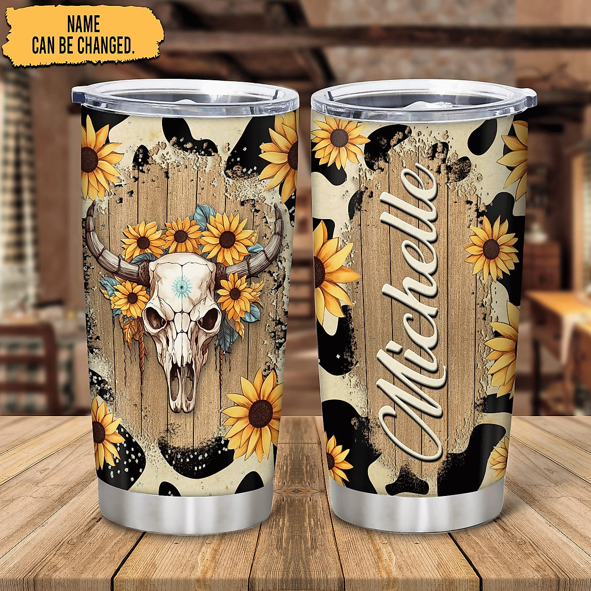 Hyturtle Personalized Gifts For Cow Lover - Skull Cow Sunflower Customized Name Stainless Steel Tumbler 20oz With Lid - Idea Farm Animals Lover Gifts For Women, Girl, kids On Birthday, Christmas