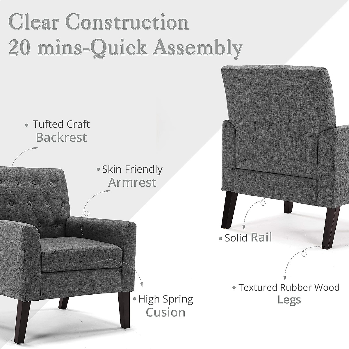 LUE BONA Gray Linen Accent Chairs Set of 2 18.5" H, Upholstered Button Tufted Arm Chairs, Comfy Living Room Chair with Arms, Modern Armchair for Small Space, Bedroom, Living Room
