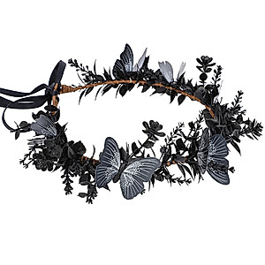MOSTORY Handmade Black Flower Butterfly Crown - Gohic Elf Headpiece Fairy Floral Headband Dark Wreath for Women Girls Halloween Renaissance Cosplay Festival Witch Party