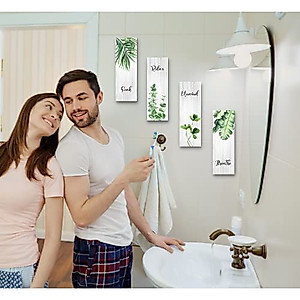 Creoate Bathroom Wall Decor 4 Pieces Relax Soak Unwind Breathe Sign Green Wall Decor with Botanical Leaf Art Print Set, Wood Plaque Hanging Decor for Bathroom Decor, Small 4 x 12 Inch x4pcs