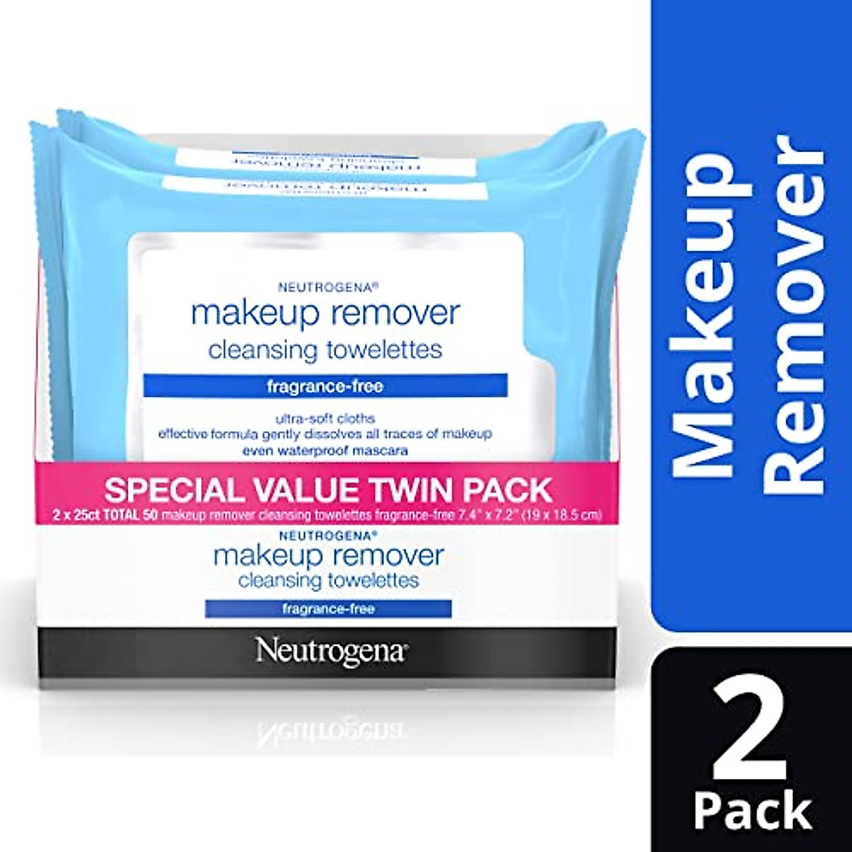 Neutrogena Makeup Remover Cleansing Face Wipes, Daily Cleansing Facial Towelettes to Remove Waterproof Makeup and Mascara, Alcohol-Free, Value Twin Pack, 25 Count, 2 Pack