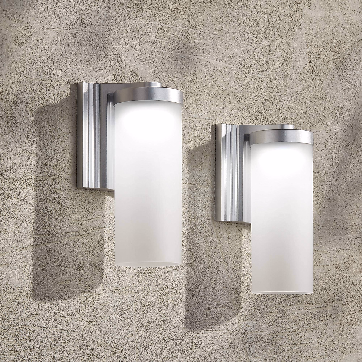 Possini Euro Design Cleo Modern Outdoor Wall Light Fixtures Set of 2 LED Silver 10 1/2" Open Bottom Frosted Glass for Exterior House Porch Patio Outside Deck Garage Yard Front Door Garden Home