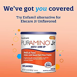 PurAmino Junior Hypoallergenic Toddler Drink, for Severe Food Allergies, Omega-3 DHA, Iron, Immune Support, Unflavored Powder Can, 14.1 Oz